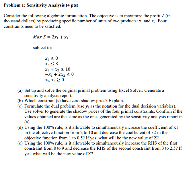 Solved Problem 1: Sensitivity Analysis (4 ﻿pts) ﻿USE EXCEL | Chegg.com