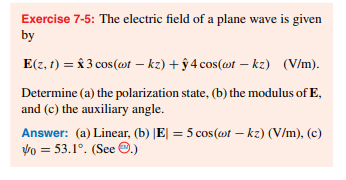 Solved Exercise 7-5: The electric field of a plane wave is | Chegg.com