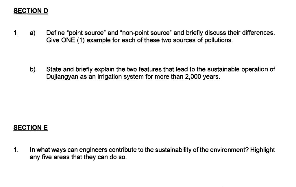 Solved SECTION D 1. a) Define "point source" and "non-point | Chegg.com