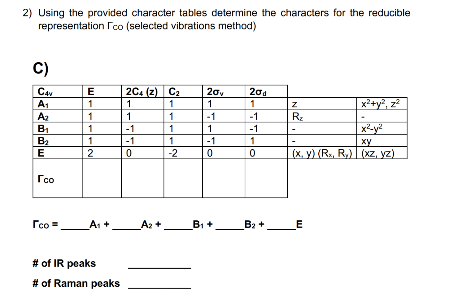 2) Using the provided character tables determine the | Chegg.com