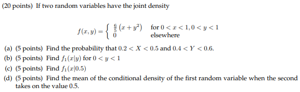 Solved (20 points) If two random variables have the joint | Chegg.com