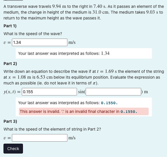 Solved A transverse wave travels 9.94 m to the right in 7.40 | Chegg.com