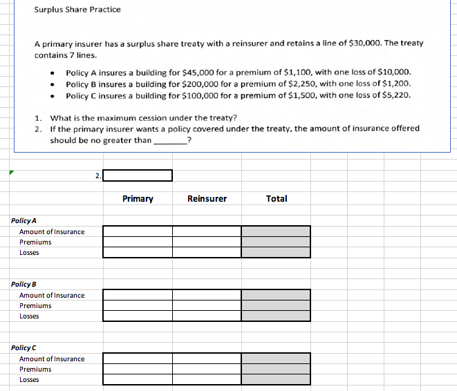 Surplus Share Practice A primary insurer has a | Chegg.com