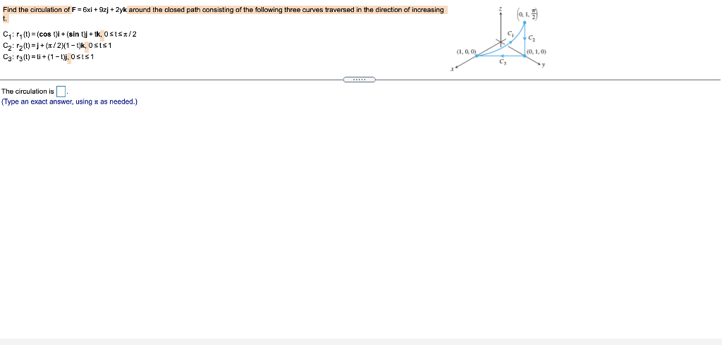 Solved (0,1,1 Find the circulation of F = 6xi +9zj + 2yk | Chegg.com