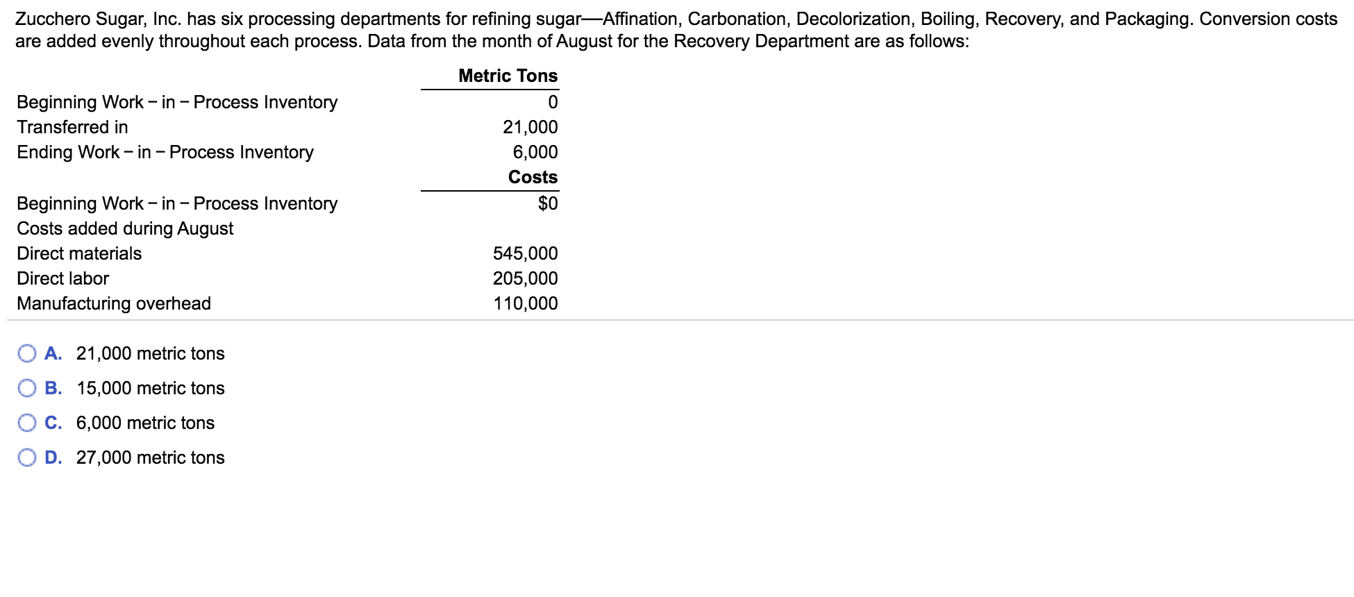 Solved Zucchero Sugar, Inc. has six processing departments | Chegg.com