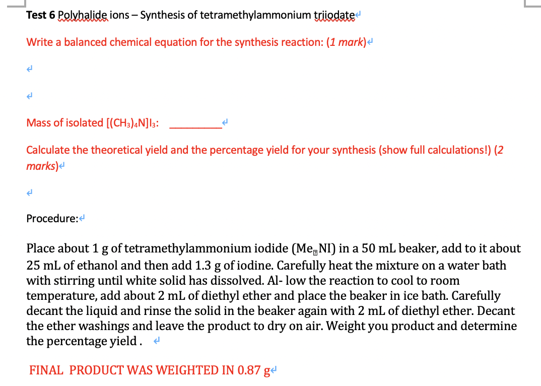 Solved L Test 6 Polyhalide ions – Synthesis of | Chegg.com