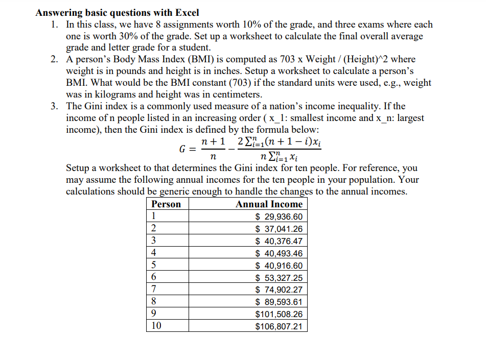 Solved Answering basic questions with Excel 1. In this | Chegg.com