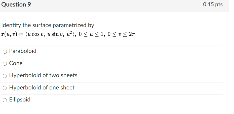 Solved Question 9 0.15 pts Identify the surface parametrized | Chegg.com