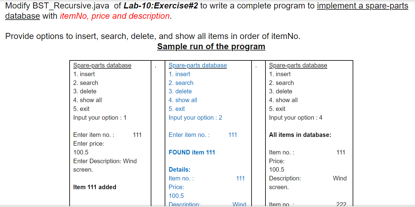 Solved Modify BST_Recursive.java of Lab-10:Exercise\#2 to | Chegg.com Solved Modify BST_Recursive.java of Lab-10:Exercise\#2 to | Chegg.com