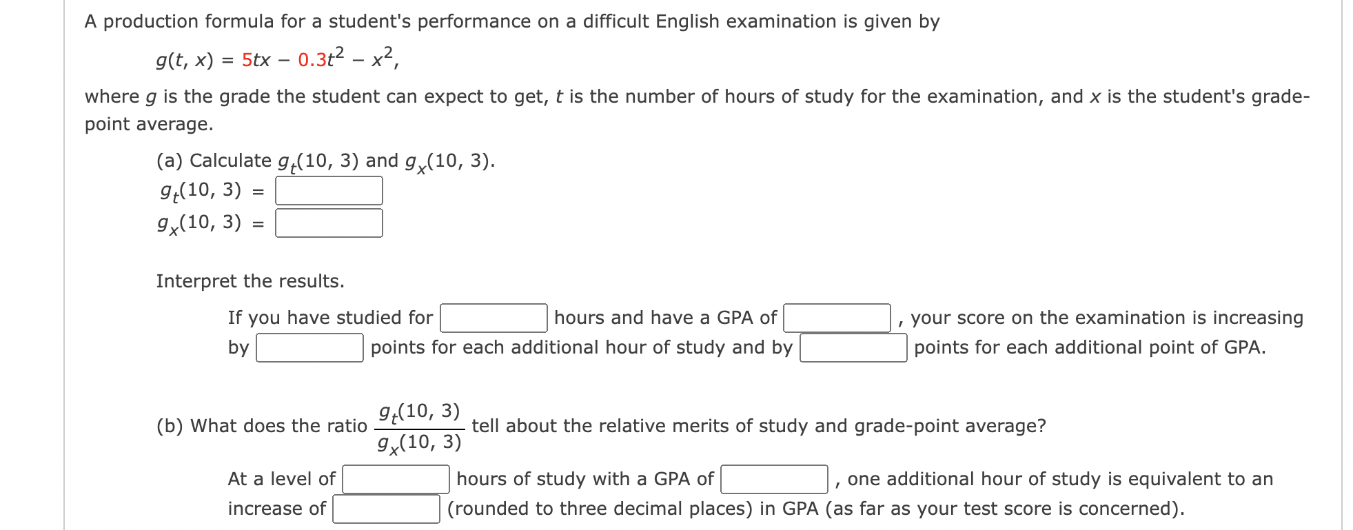 Solved production formula for a student's performance on a | Chegg.com