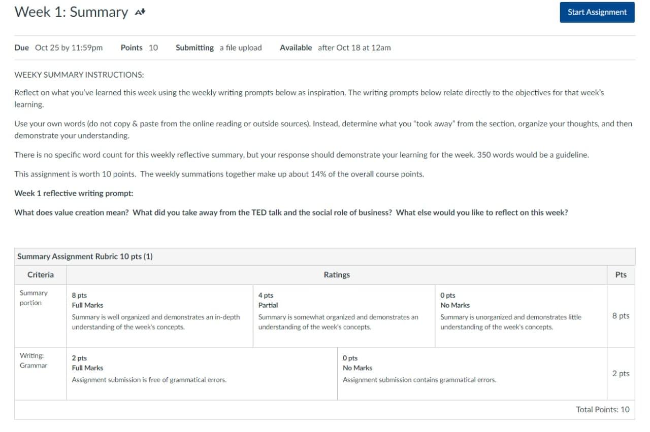 Week 1: Summary At Start Assignment Due Oct 25 by | Chegg.com