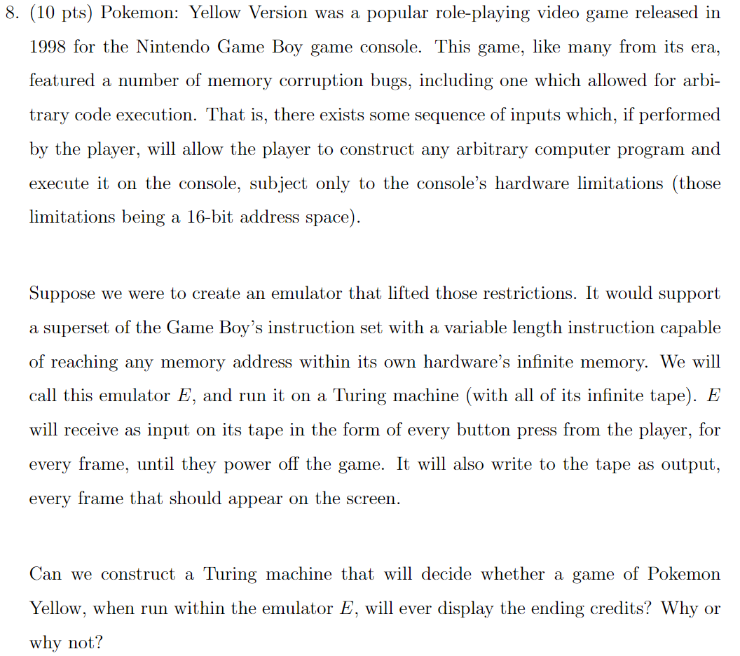 Solved 8. (10 pts) Pokemon: Yellow Version was a popular | Chegg.com