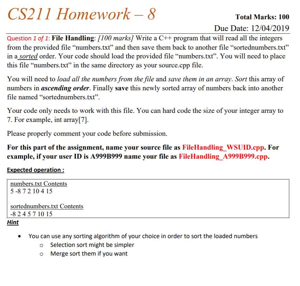 Solved CS211 Homework – 8 Total Marks: 100 Due Date: | Chegg.com