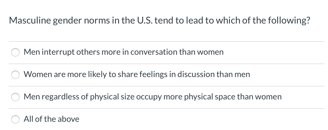 Solved Masculine gender norms in the U.S. tend to lead to | Chegg.com