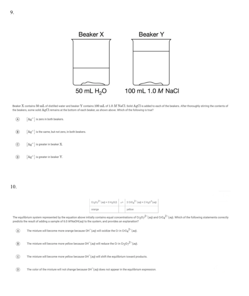Solved 9. Beaker X Beaker Y 50 mL H20 100 mL 1.0 M NaCl | Chegg.com