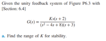 Solved Given the unity feedback system of Figure P6.3 with | Chegg.com