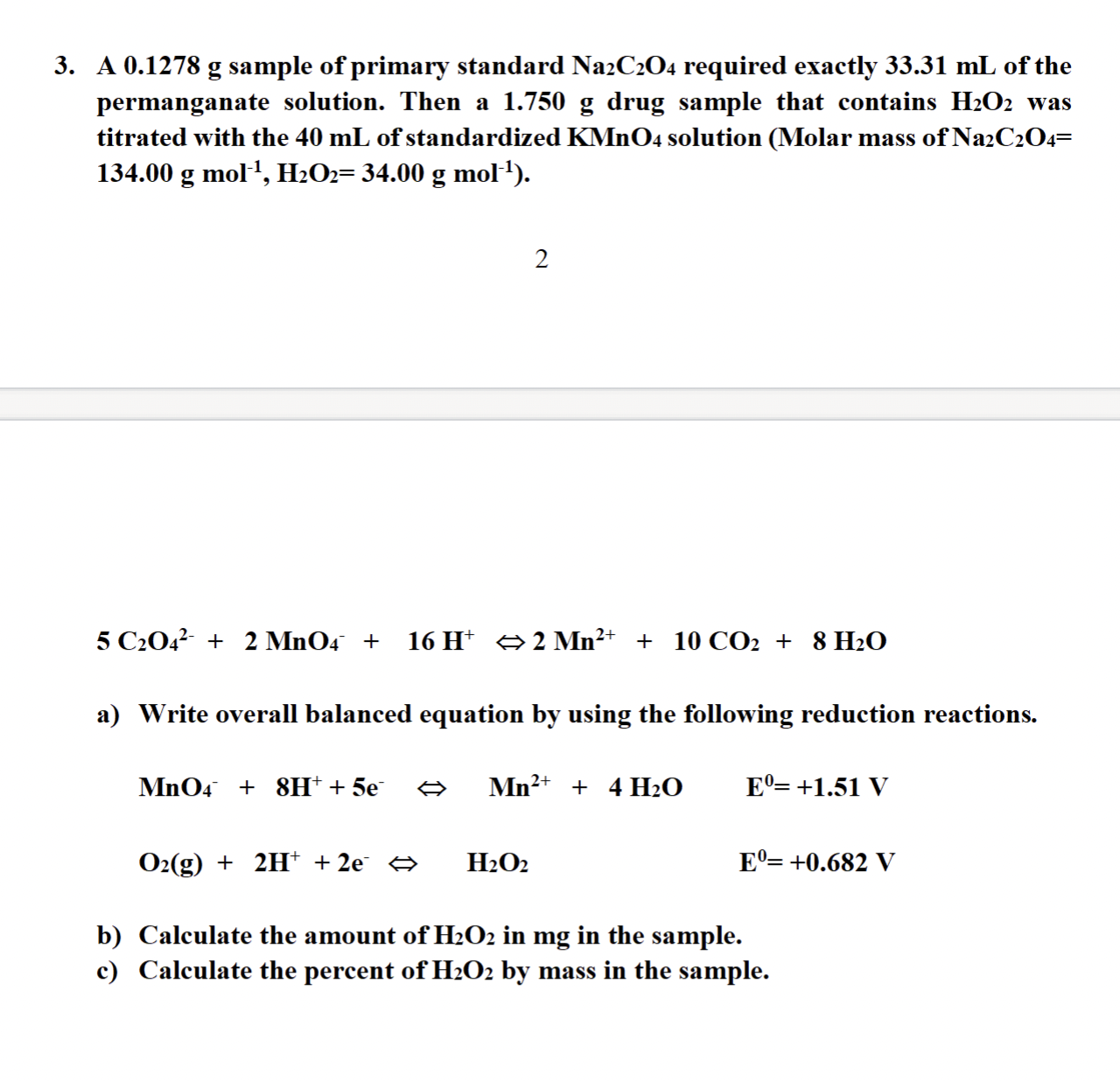 3. A 0.1278 g sample of primary standard Na2C2O4 | Chegg.com
