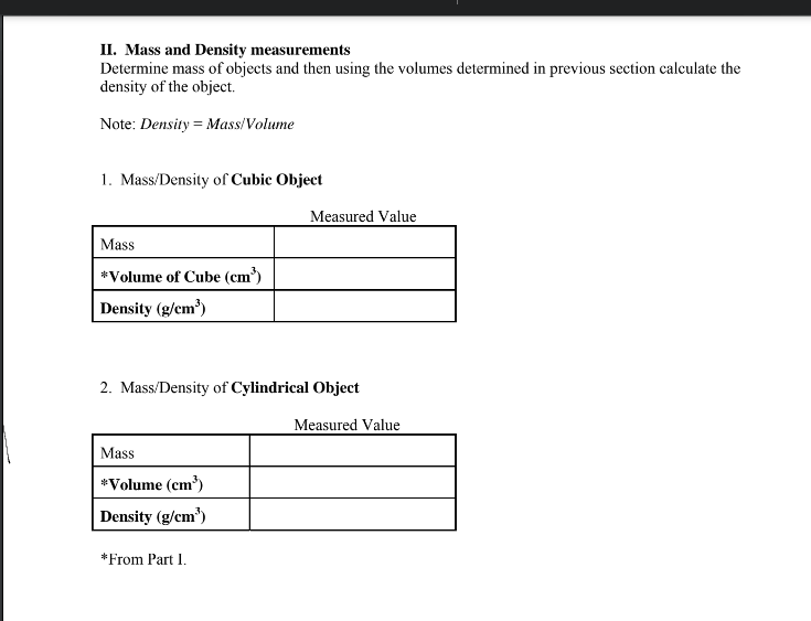 II. Mass and Density measurements Determine mass of | Chegg.com