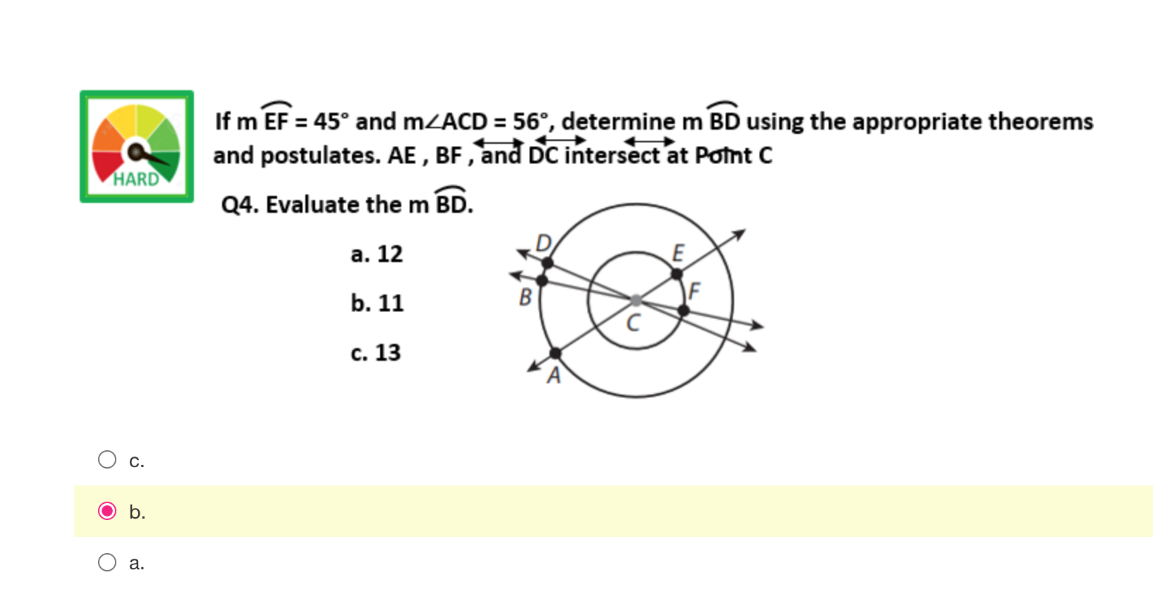 Solved If mEF=45∘ and m∠ACD=56∘, determine \( \mathrm{m} | Chegg.com