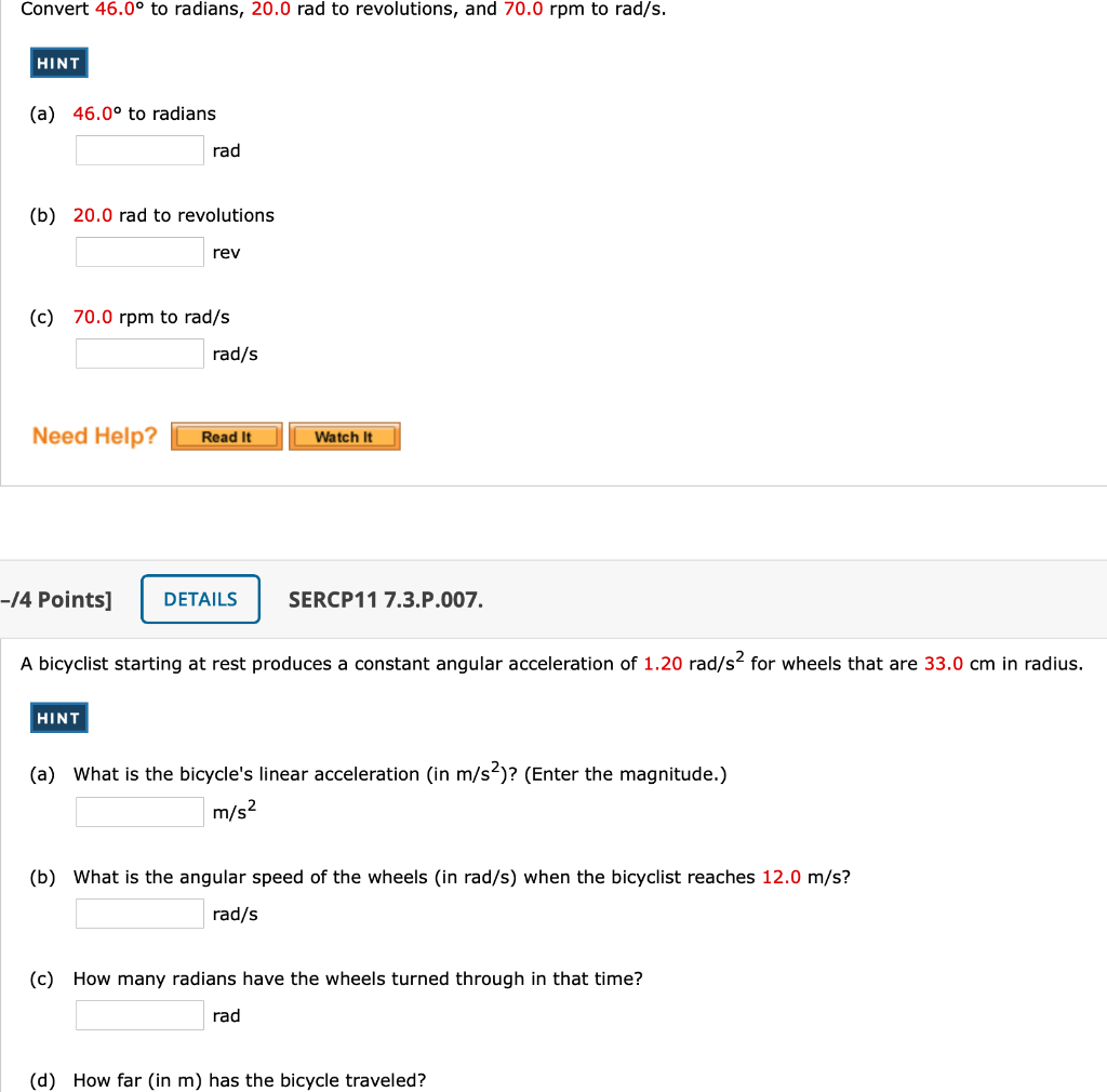Solved Convert 46.0° to radians, 20.0 rad to revolutions, | Chegg.com