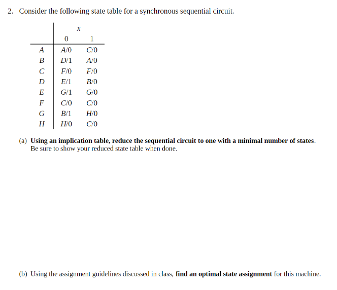 Solved 2. Consider the following state table for a | Chegg.com