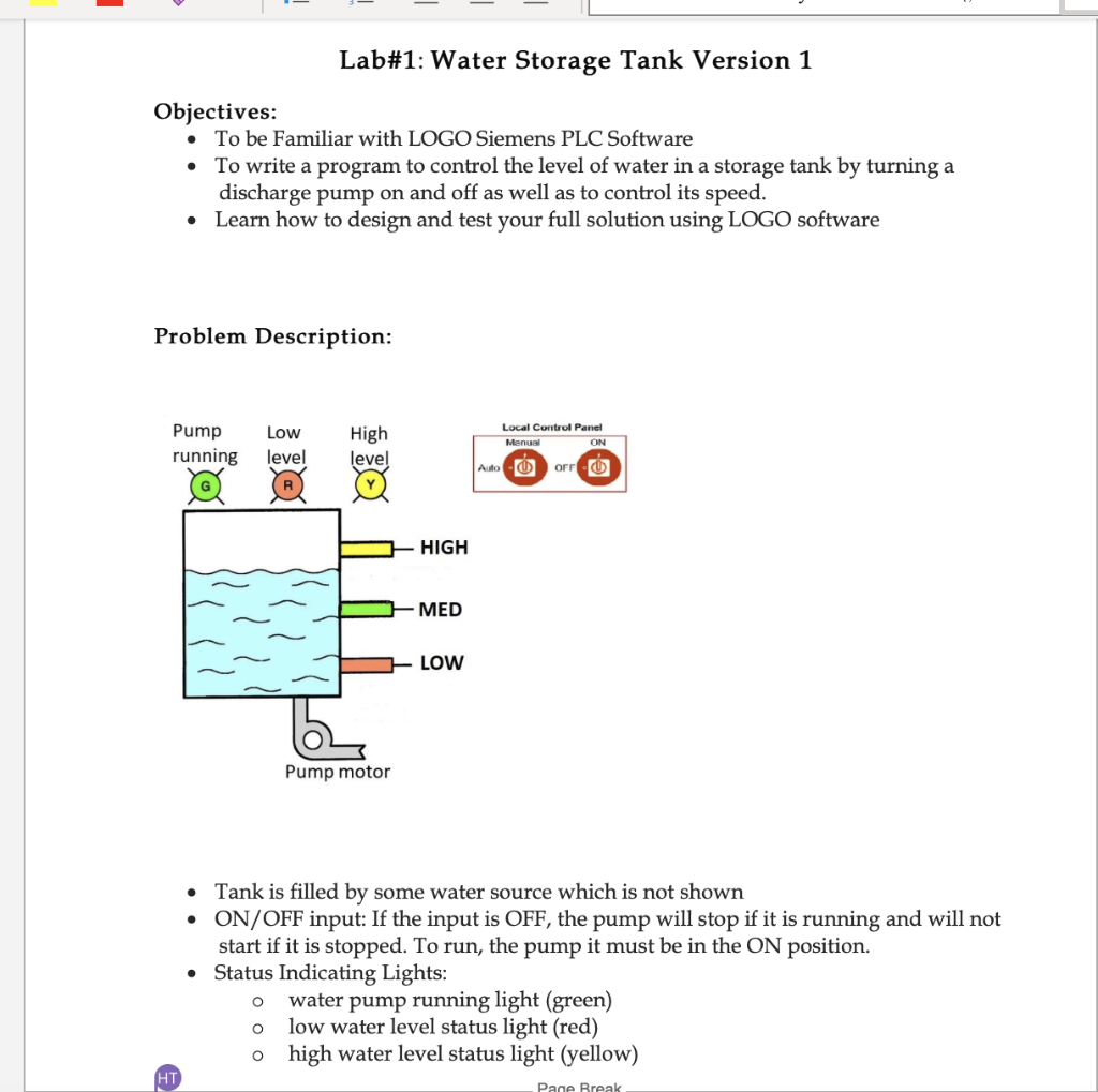 Lab#1: Water Storage Tank Version 1 Objectives: • To | Chegg.com