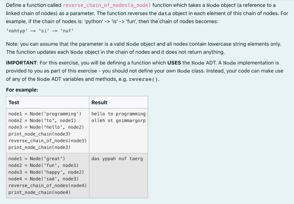 Solved Define a function called reverse_chain_of_nodes | Chegg.com