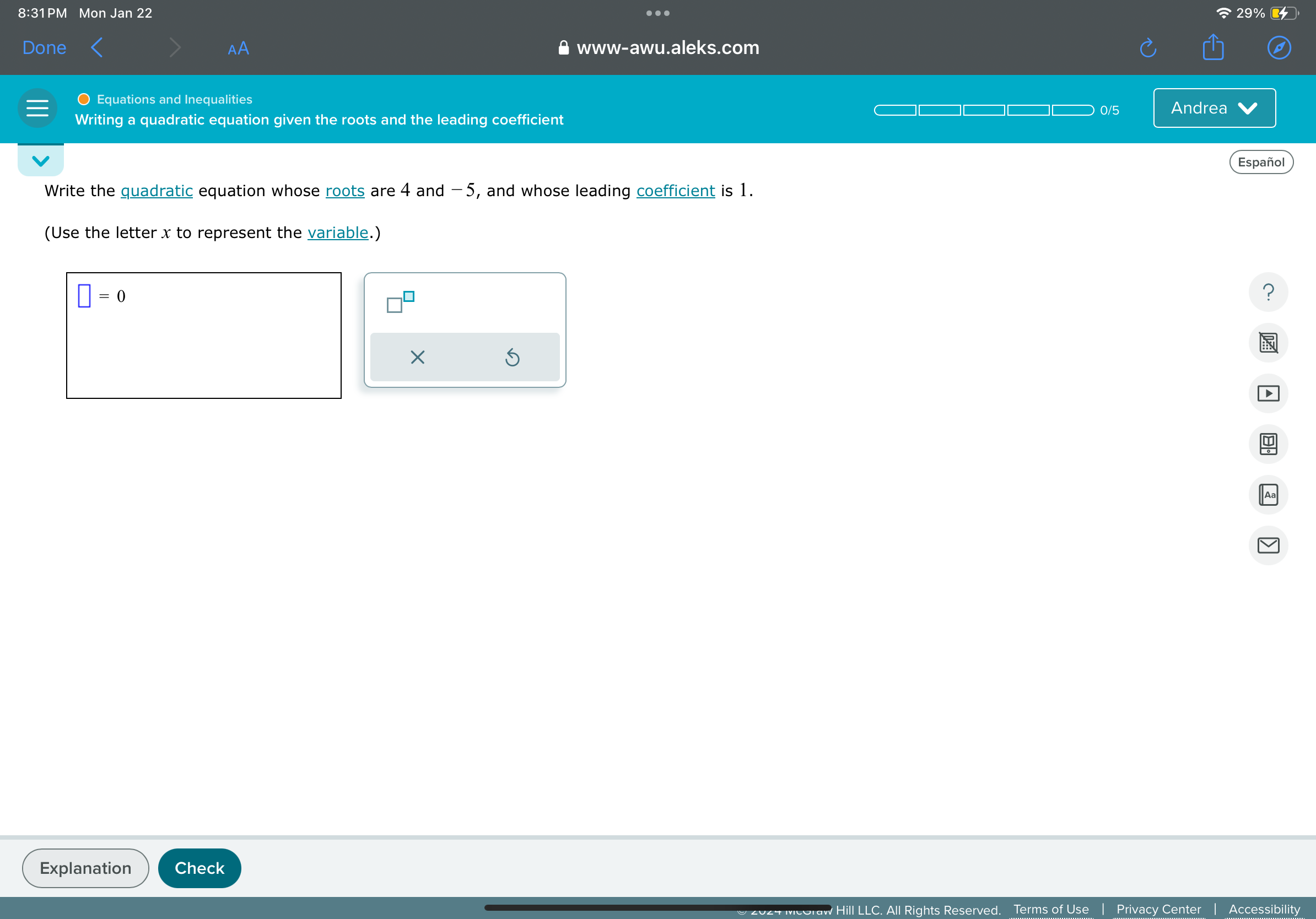 Solved 8:31 ﻿PM Mon Jan 22DoneAAO www-awu.aleks.comEquations | Chegg.com