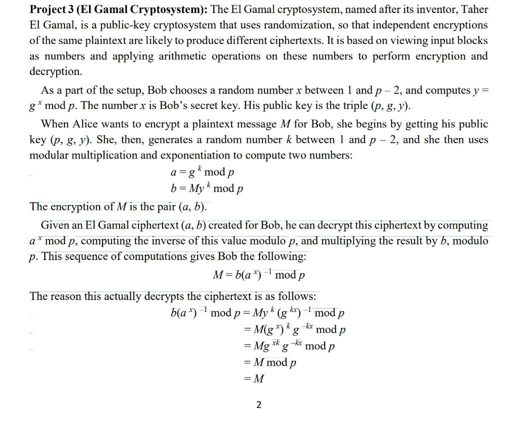 Project 3 (El Gamal Cryptosystem): The El Gamal | Chegg.com