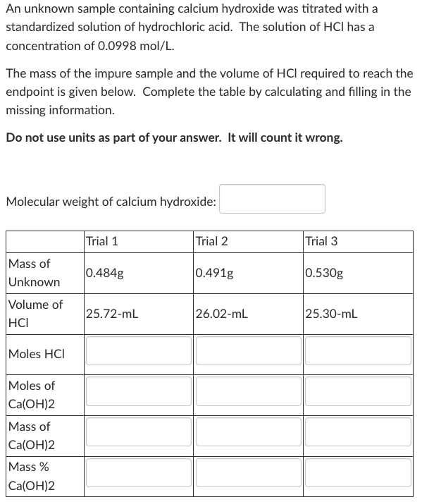 Solved An unknown sample containing calcium hydroxide was | Chegg.com