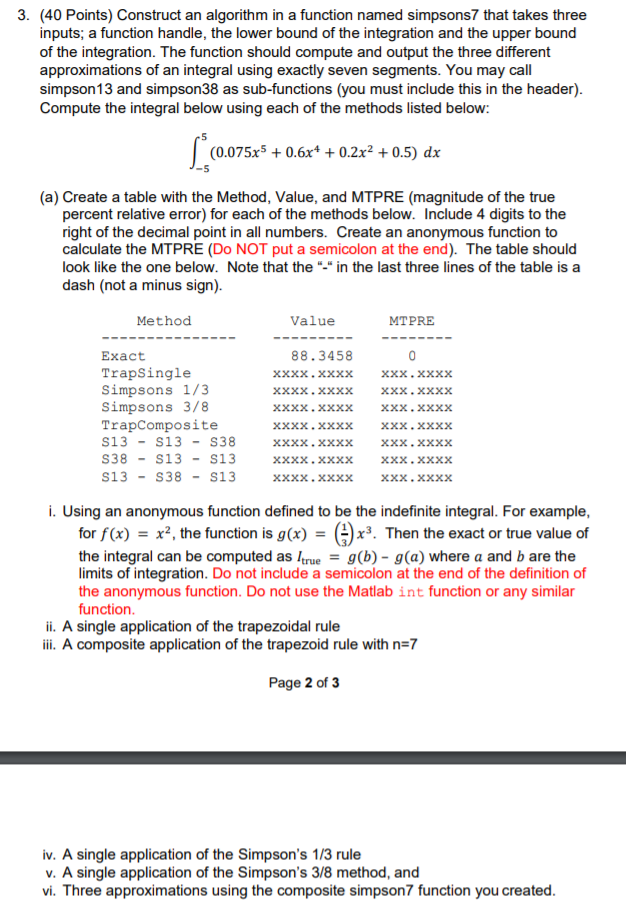 3. (40 Points) Construct an algorithm in a function | Chegg.com