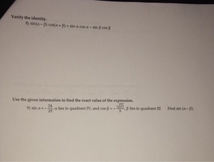 Solved Verify the identity. sin (alpha - beta) cos (alpha + | Chegg.com