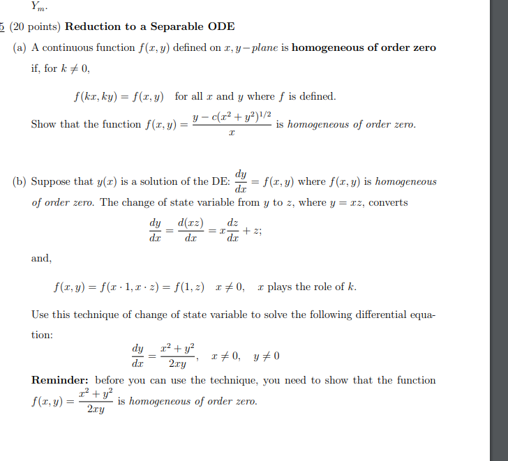 Solved Ym m. 5 (20 points) Reduction to a Separable ODE (a) | Chegg.com