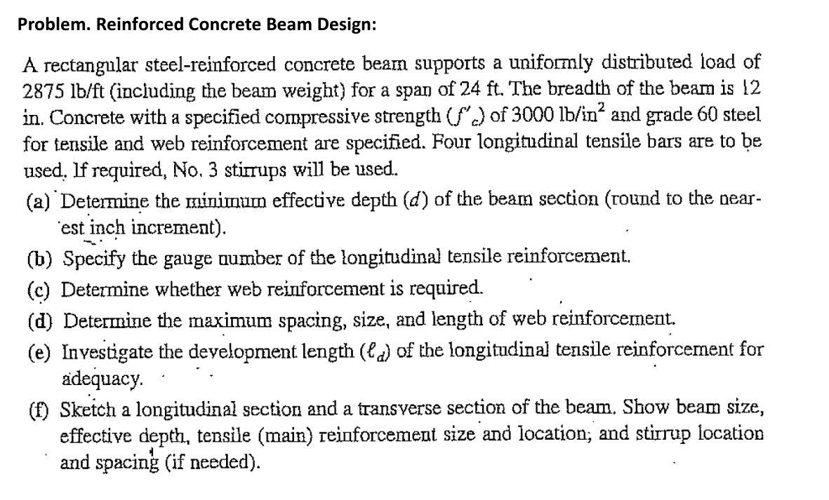 Solved Problem. Reinforced Concrete Beam Design: A | Chegg.com