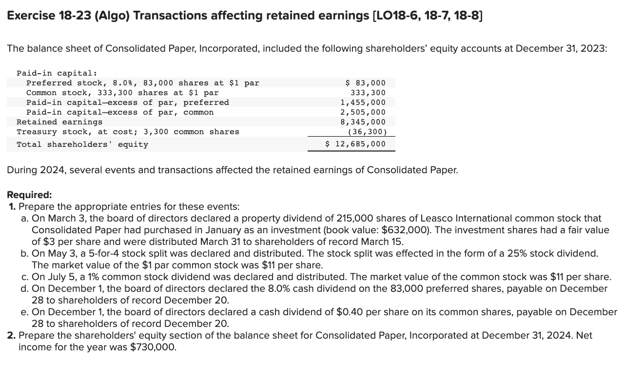 Solved Exercise 18-23 (Algo) Transactions affecting retained | Chegg.com