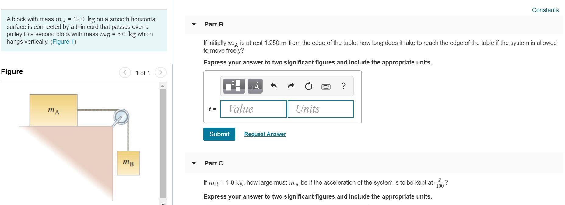 Solved Constants Part B A block with mass m A = 12.0 kg on a | Chegg.com
