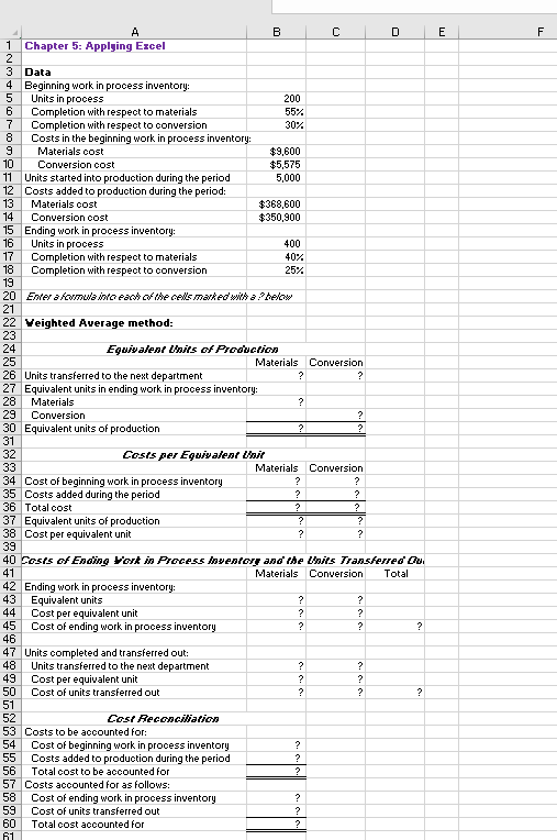 Solved need formulas for ? cells | Chegg.com