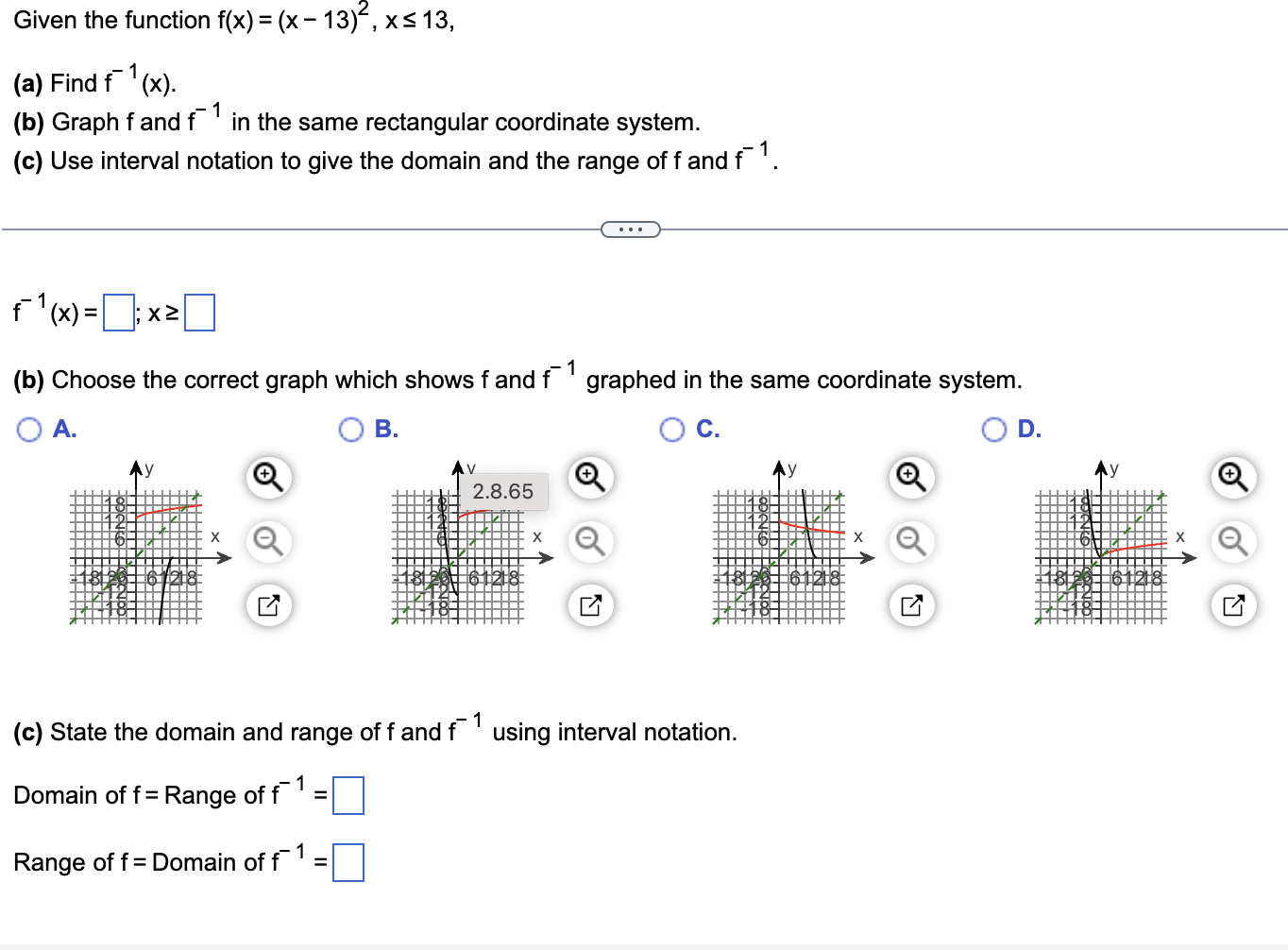 Solved Given the function f(x)=(x−13)2,x≤13 (a) Find f−1(x) | Chegg.com