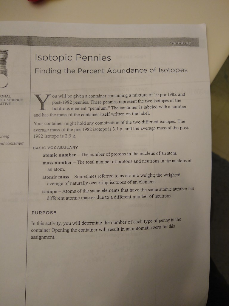 chemistry Isotopic Pennies Finding the Percent | Chegg.com