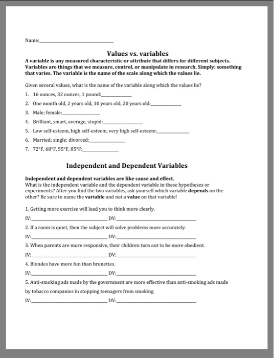 Solved Name Values vs. variables A variable is any measured | Chegg.com