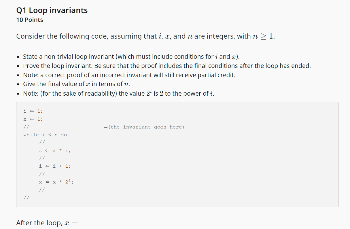 Solved Q1 Loop invariants 10 Points Consider the following | Chegg.com