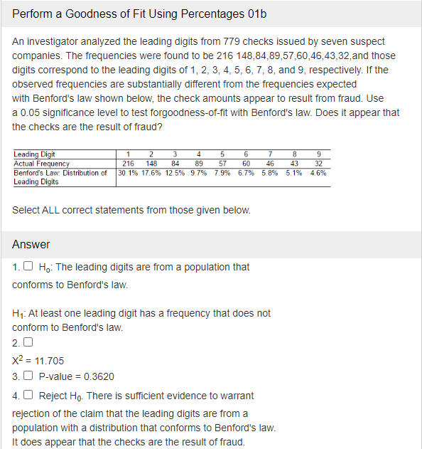 Solved An investigator analyzed the leading digits from 779 | Chegg.com