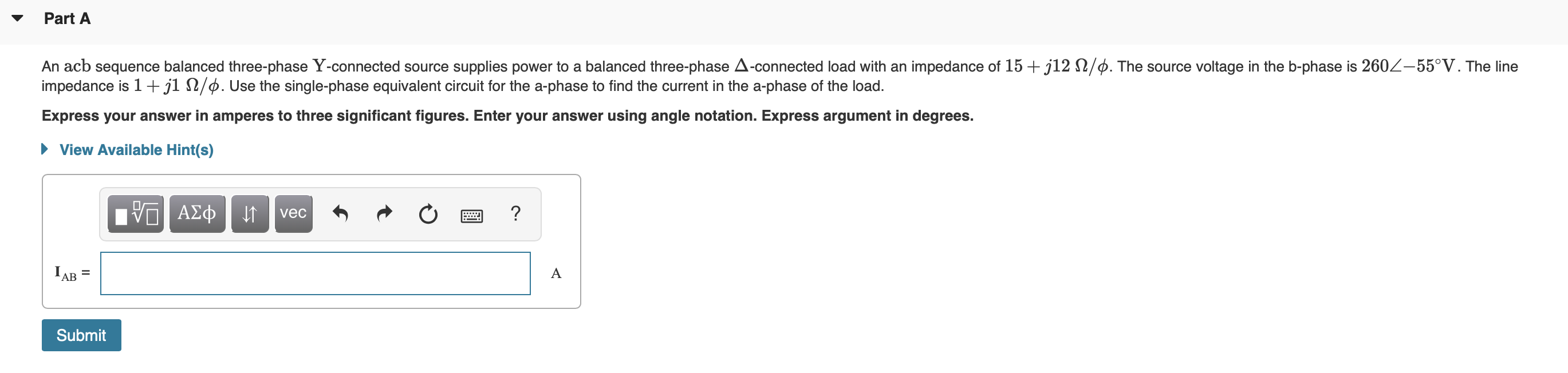 Solved Part A An acb sequence balanced three-phase | Chegg.com
