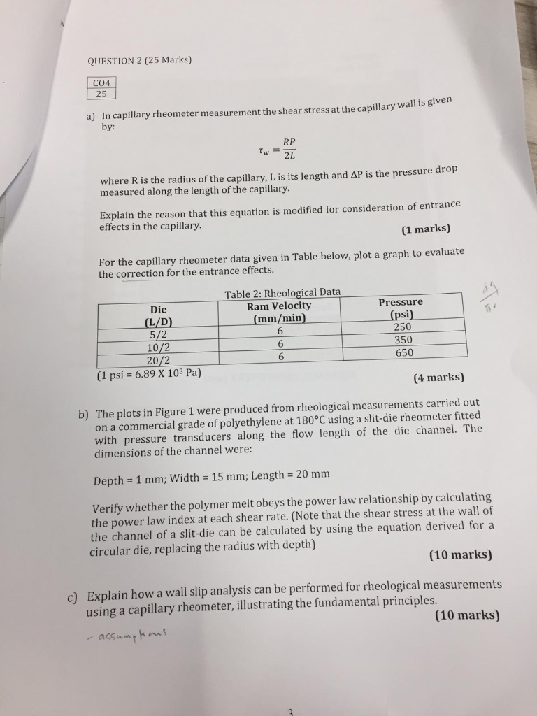 QUESTION 2 (25 Marks) CO4 25 In capillary rheometer | Chegg.com