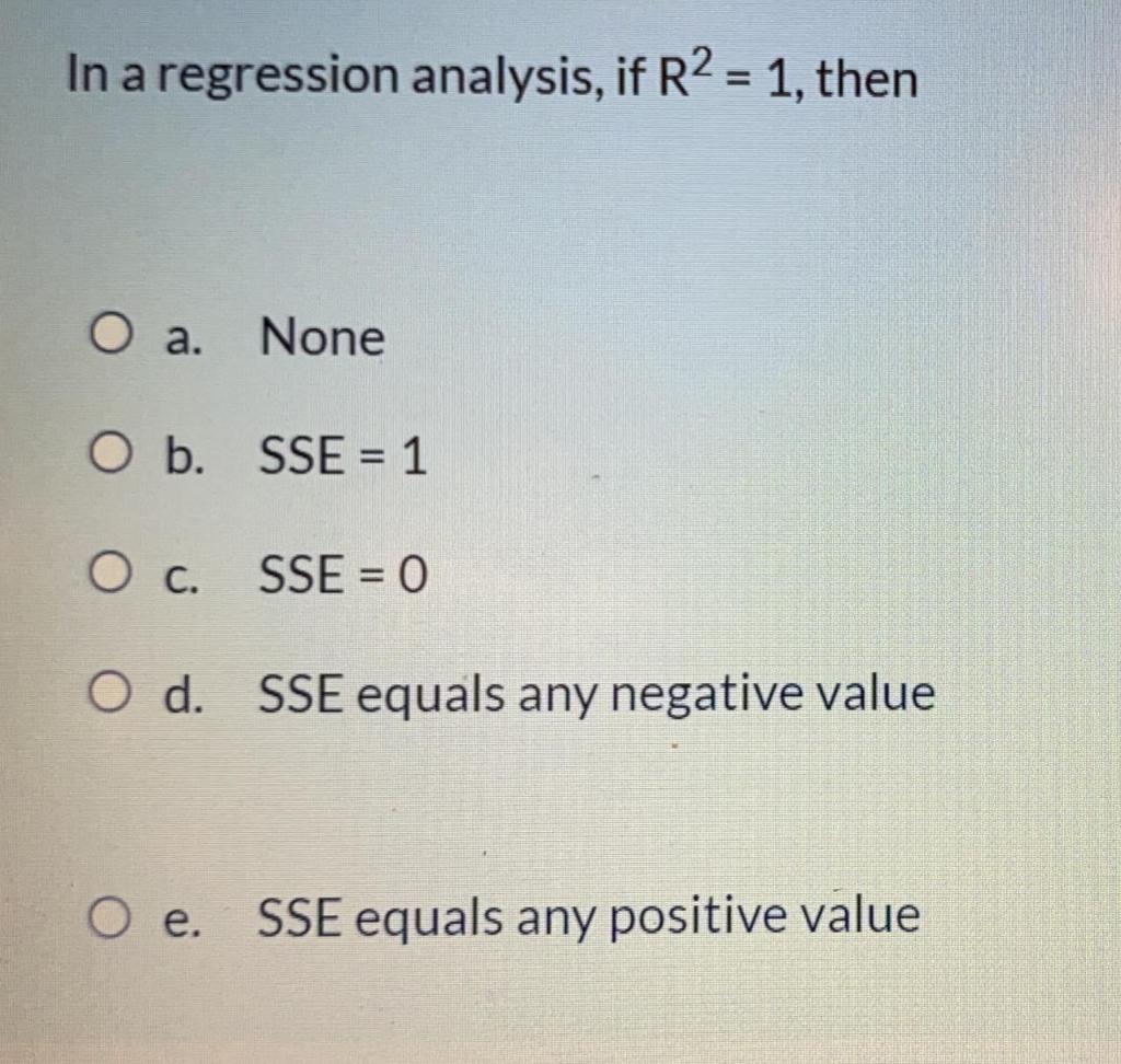 Solved In a regression analysis, if R2 = 1, then O a. None O | Chegg.com