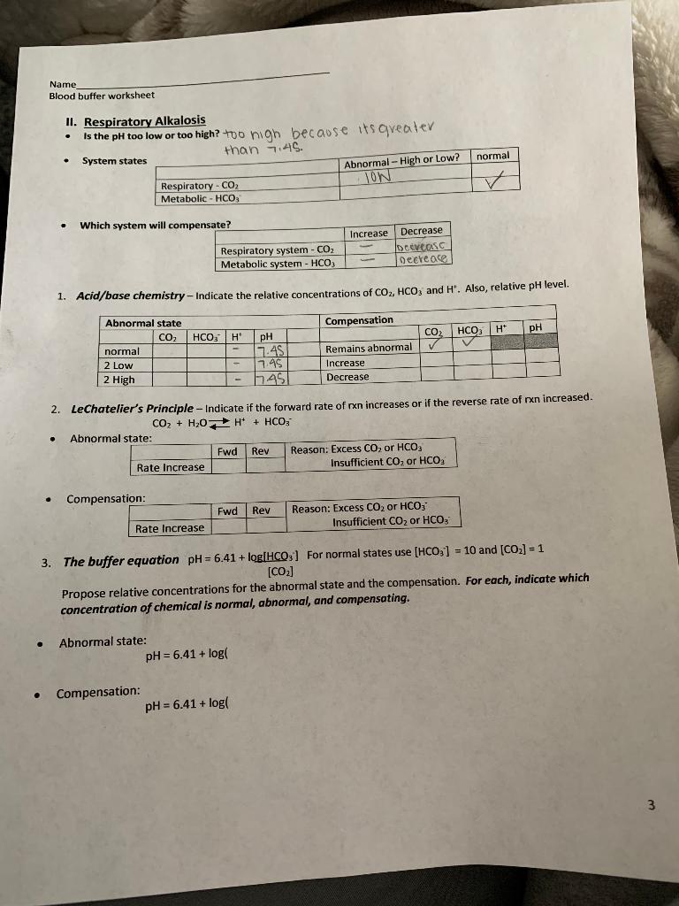 Solved Name Blood buffer worksheet . normal II. Respiratory | Chegg.com