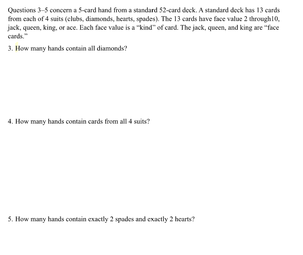 Solved Questions 3-5 concern a 5-card hand from a standard | Chegg.com