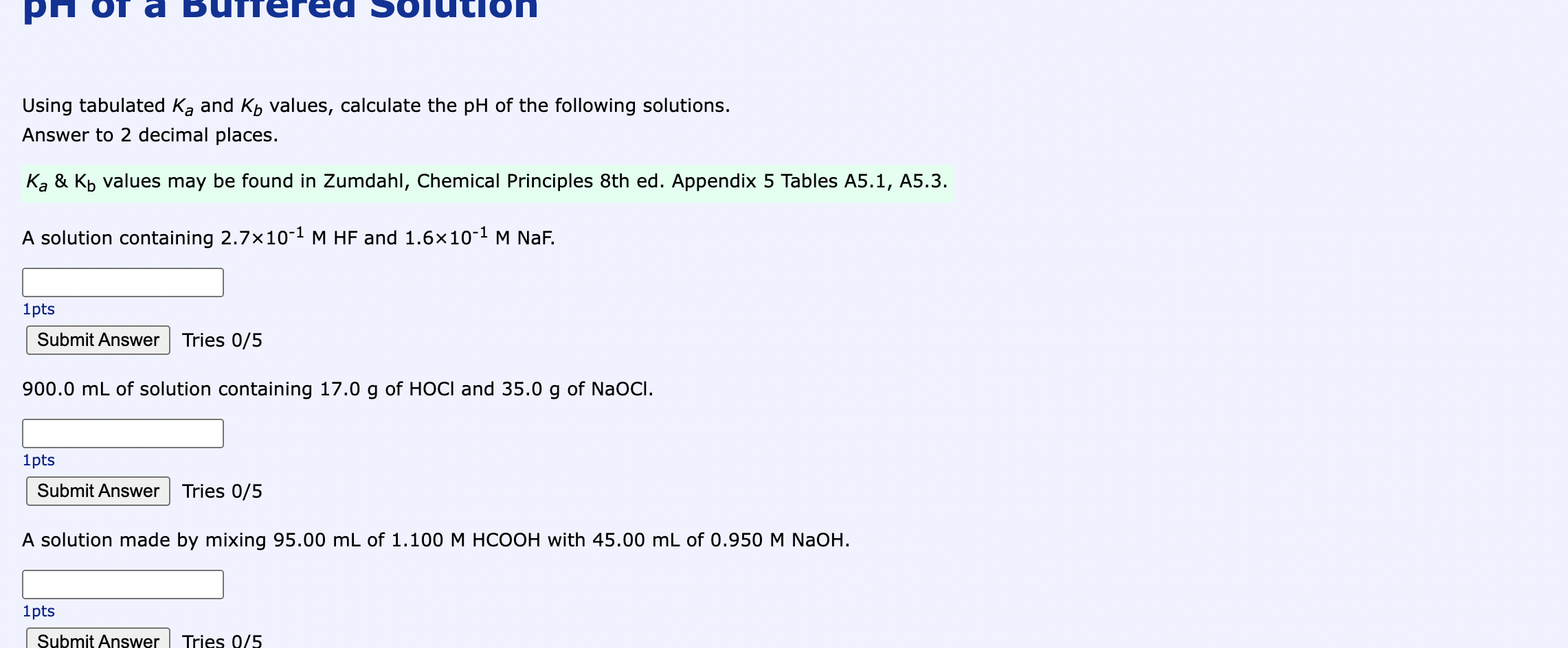 Using tabulated Ka and Kb values, calculate the pH of | Chegg.com