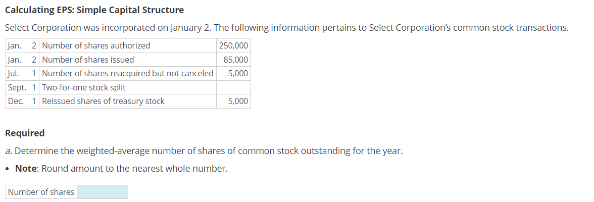 Solved Calculating EPS: Simple Capital Structure Select | Chegg.com