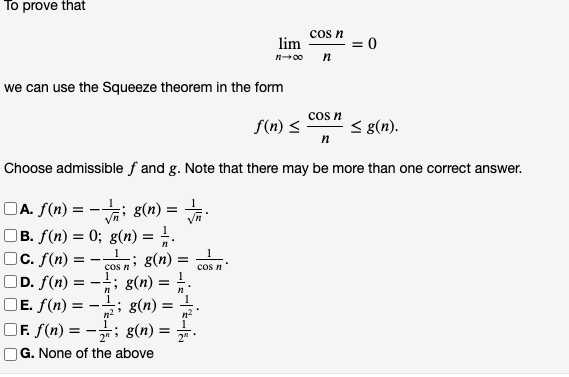 Solved To prove that COS n lim 0 n we can use the Squeeze | Chegg.com
